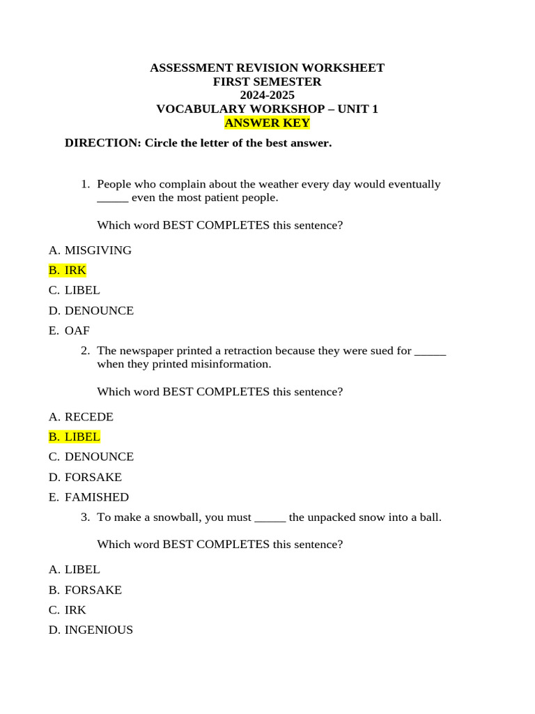 Vocabulary Workshop Unit 1 Answer Key | PDF