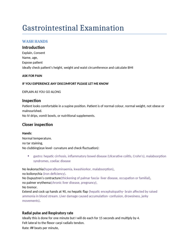 Gastrointestinal Examination OSCE Note | PDF | Abdomen | Aorta