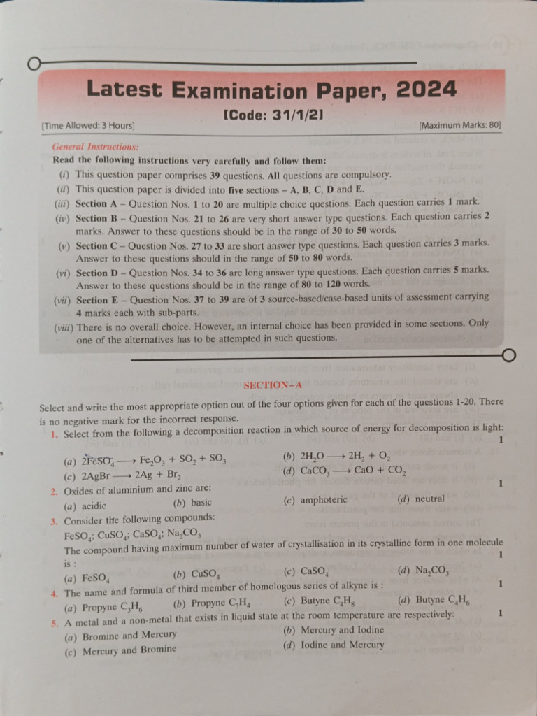 2024 Exam Paper Instructions | PDF | Redox | Materials