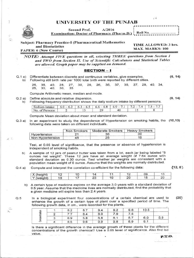 PharmD 2nd Prof Paper6 | PDF | Analysis Of Variance | Normal Distribution