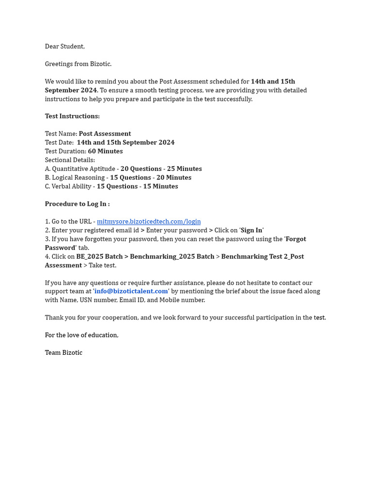 Post Assessment Reminder for Students | PDF