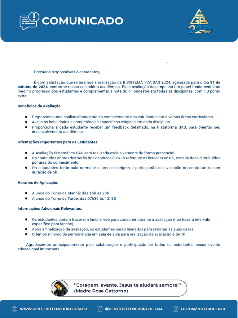 Comunicado Ii Sistemática Sas - 1 e 2 Séries | PDF