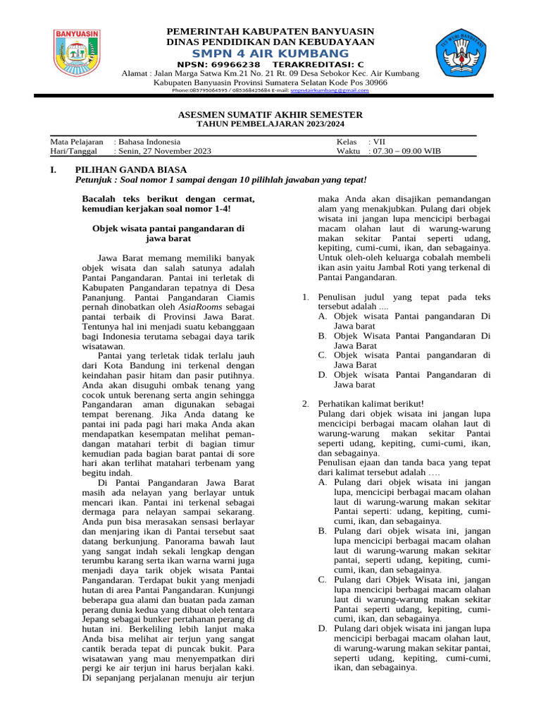 Soal Bindo 7 s1 (Fix) | PDF