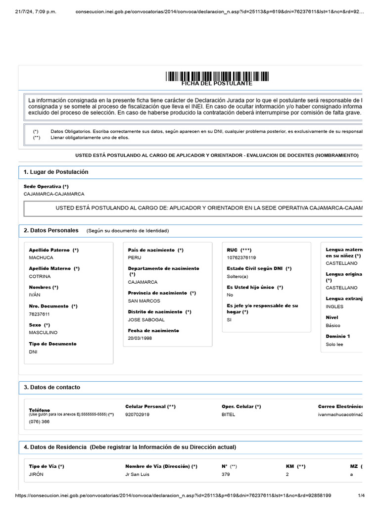 Postulacion - Aplicador y Orientador - Inei - Ivan Machuca Cotrina | PDF | Documento de identidad