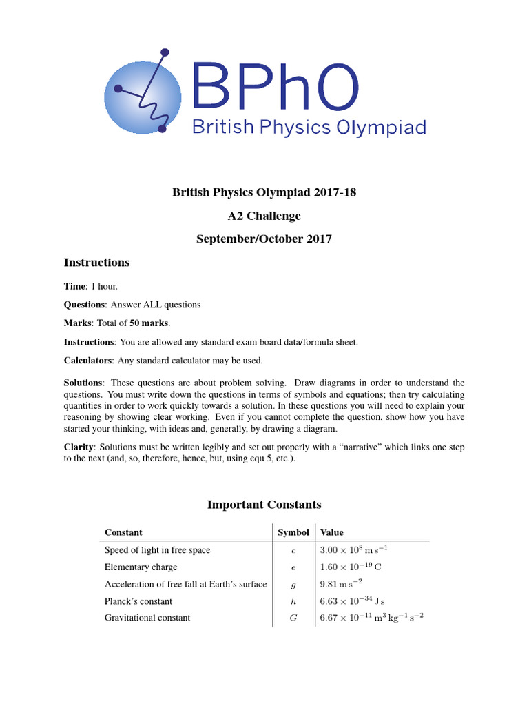 British Physics Olympiad 2017-18 A2 Challenge September/October 2017 ...
