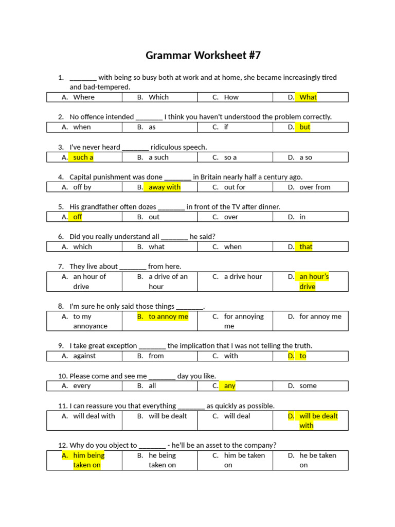 Grammar Worksheet #7 (Answer Key) | PDF