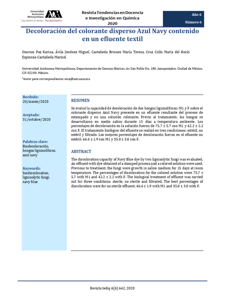 Decoloracion Del Colorante Disperso Azul Navy 2020 | PDF | Textiles ...