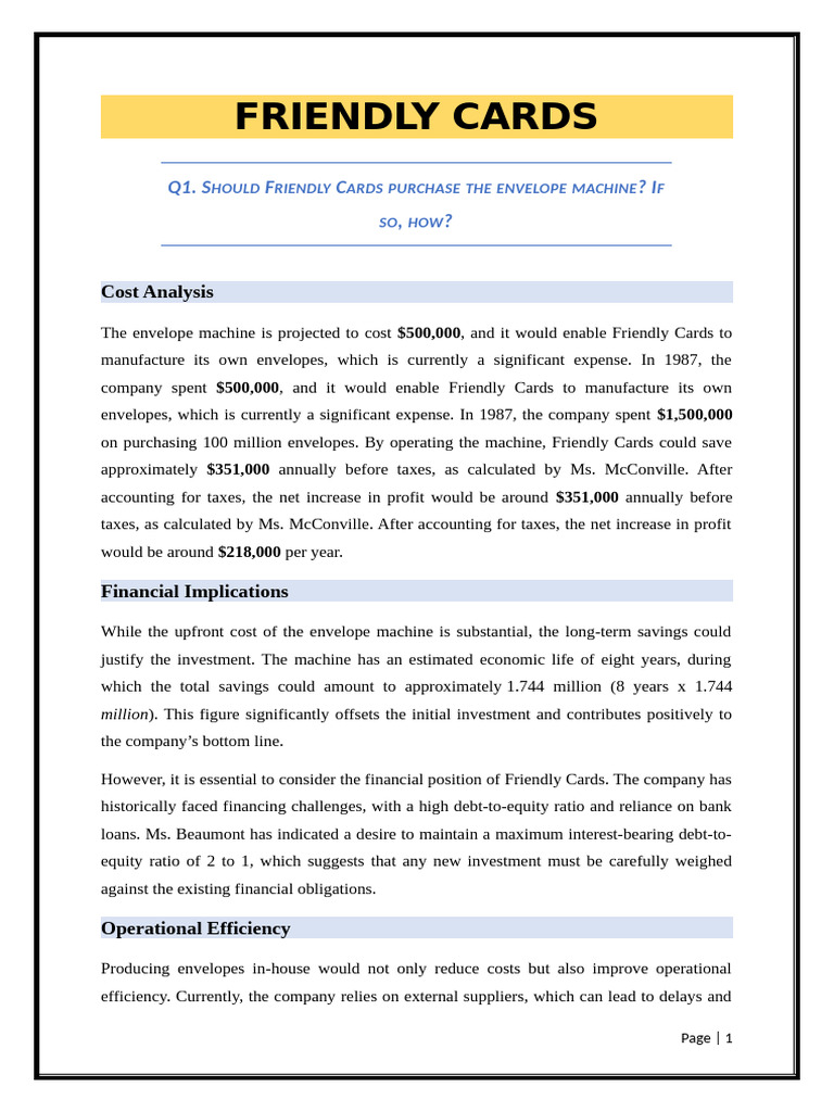 Friendly Cards Envelope Machine Analysis | PDF | Return On Investment ...