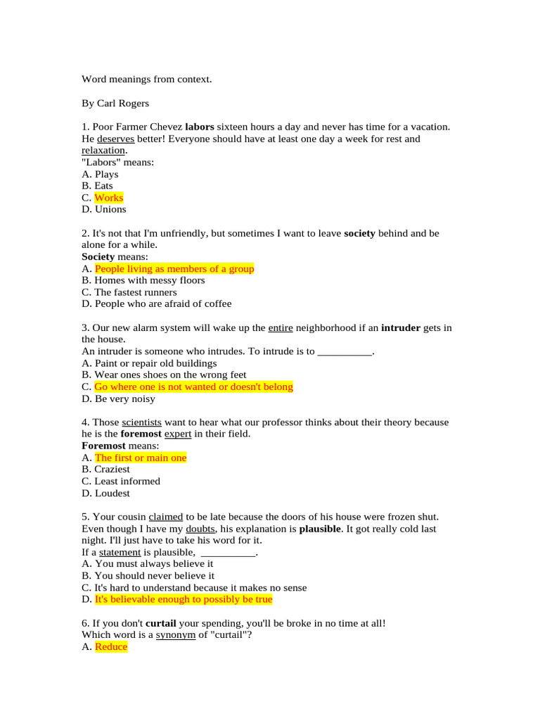 8th grade - word context - A1 and A2 | PDF