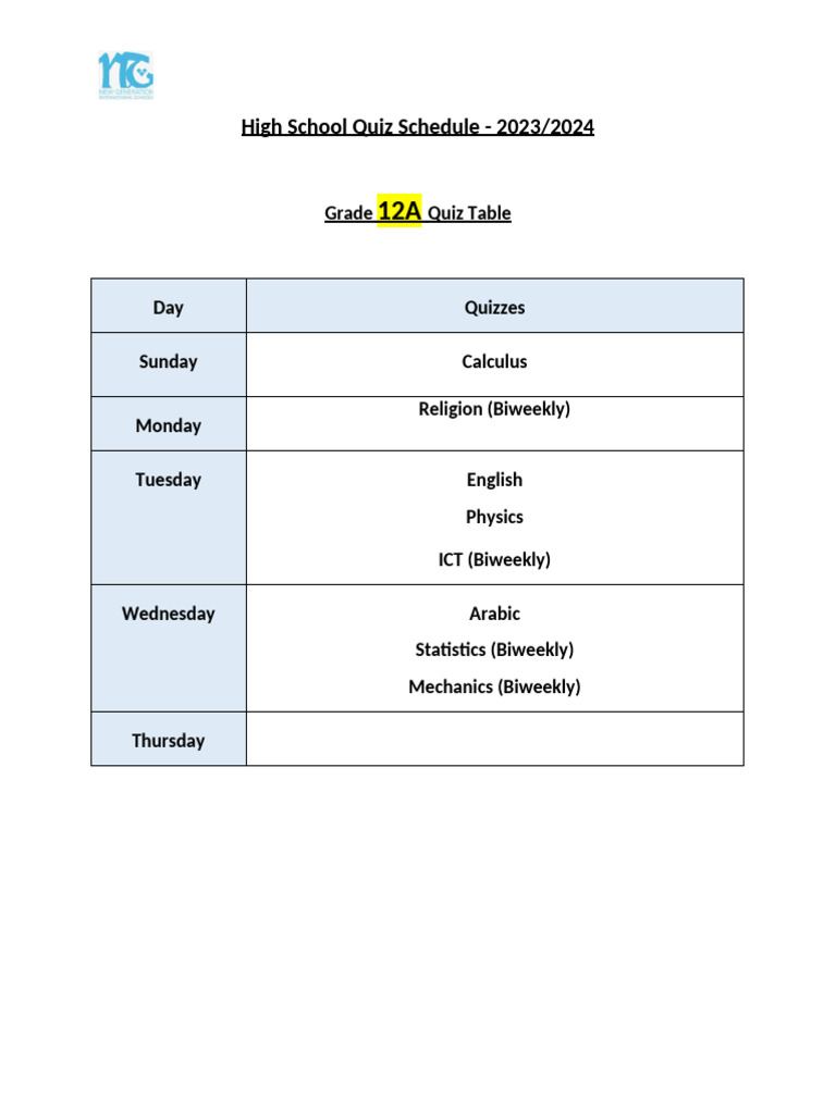 G12 Quiz Schedule (6-10-2024) Kz94Z | PDF