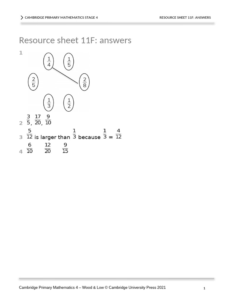 Prim Maths 4 2ed TR Resource Sheet Answers 11f | PDF
