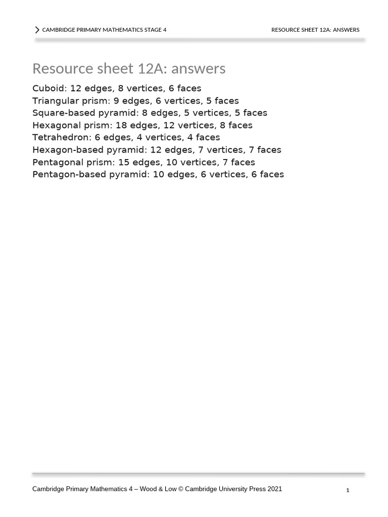 Prim Maths 4 2ed TR Resource Sheet Answers 12a | PDF
