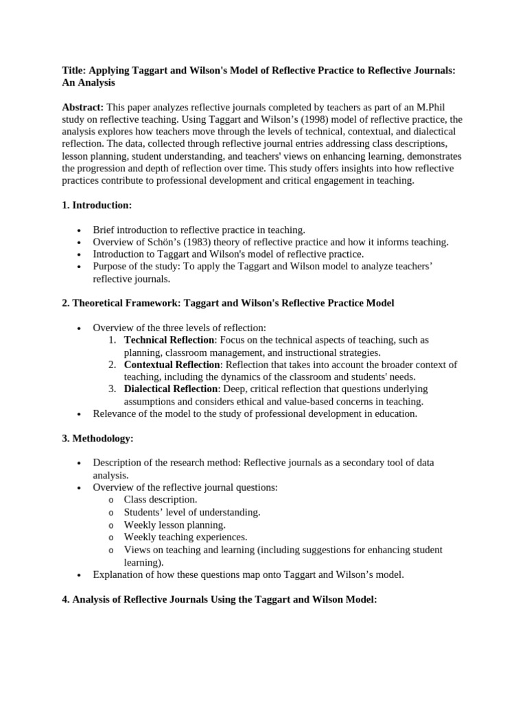 Outline For Analysis Using Taggart and Wilson Model of Reflective Practice | PDF | Reflective ...