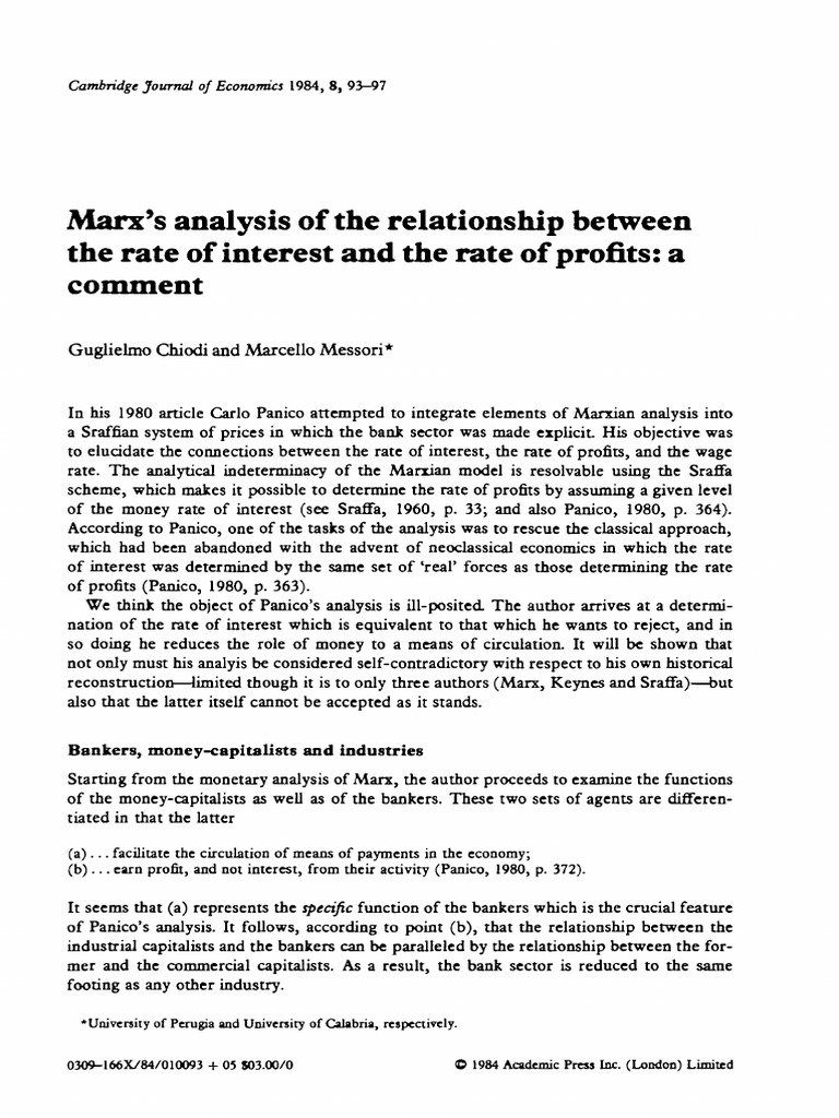 Marxs Analysis of The Relationship Between The Rate of Interest 1984 ...