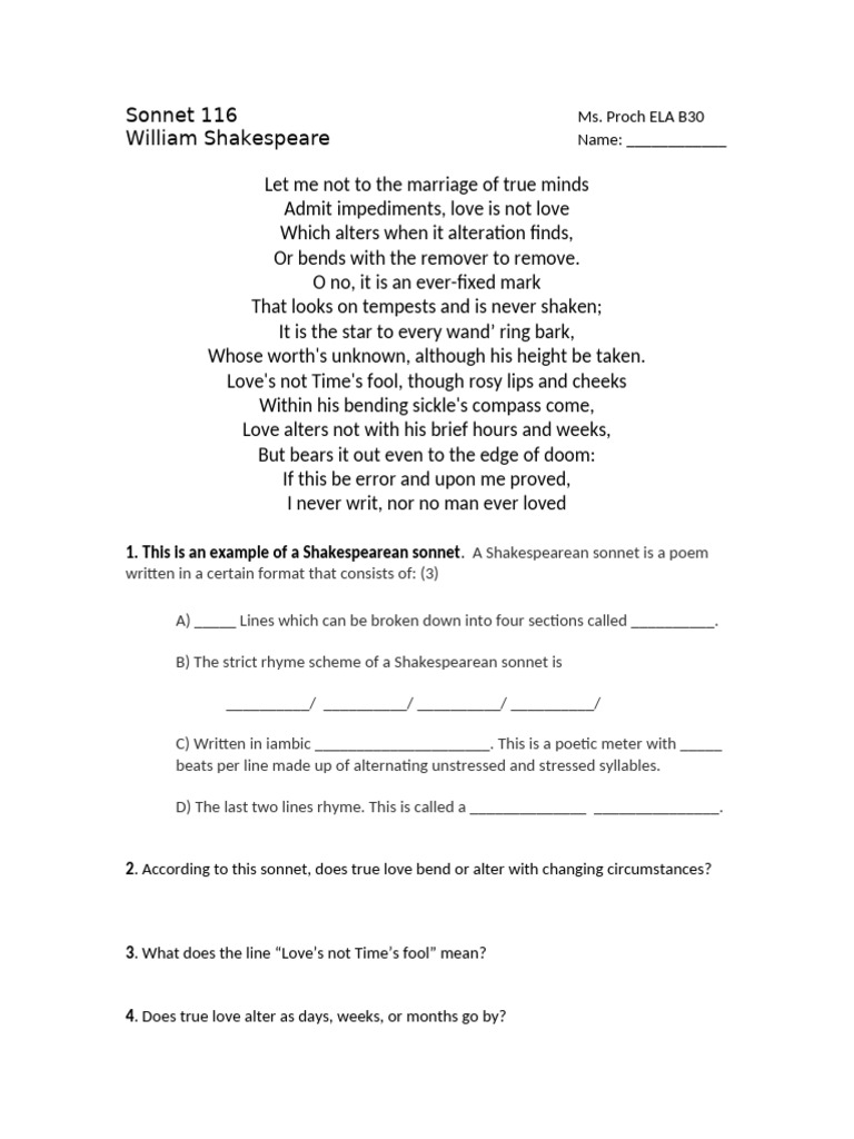 b30 Sonnet 116 and Questions | PDF | Literary Criticism | Poetics