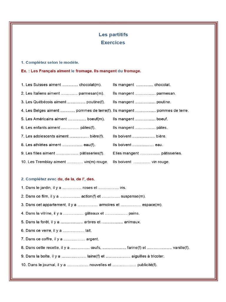 Exercices Les partitifs 20 | PDF