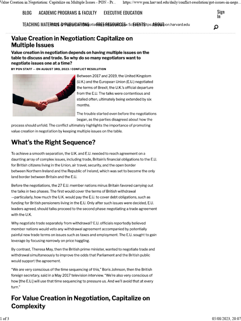 Value Creation in Negotiation Capitalize On Multiple Issues - PON - Program On Negotiation at ...