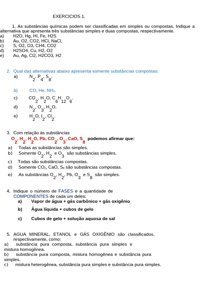 Exercicios Sobre Substancias e Misturas | PDF