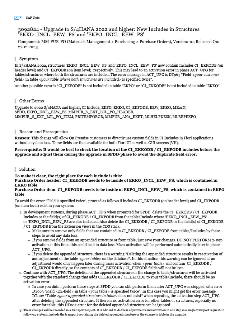 Upgrade To S/4HANA 2022 and Higher: New Includes in Structures 'Ekko - Incl - Eew - PS' and ...