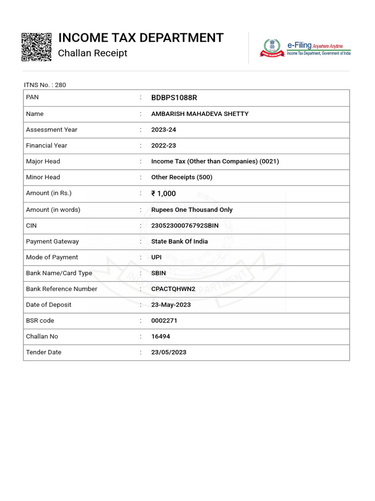 23052300076792SBIN_ChallanReceipt | PDF | Taxation | Payments