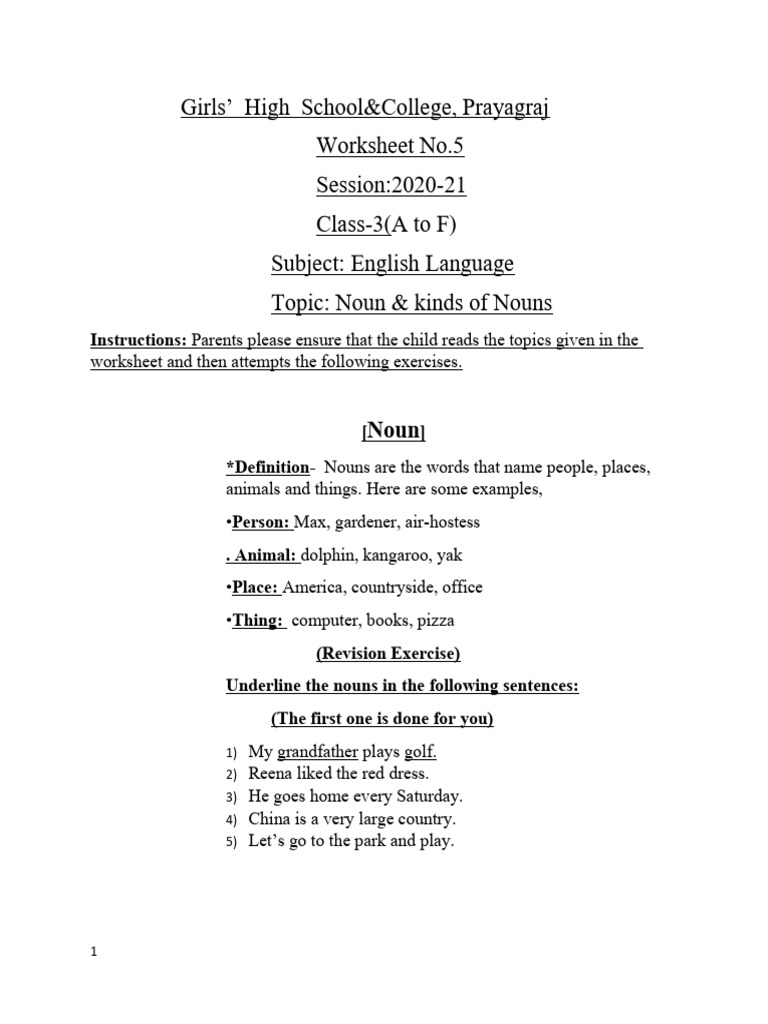 Noun Types Worksheet for Class 3 | PDF | Linguistics