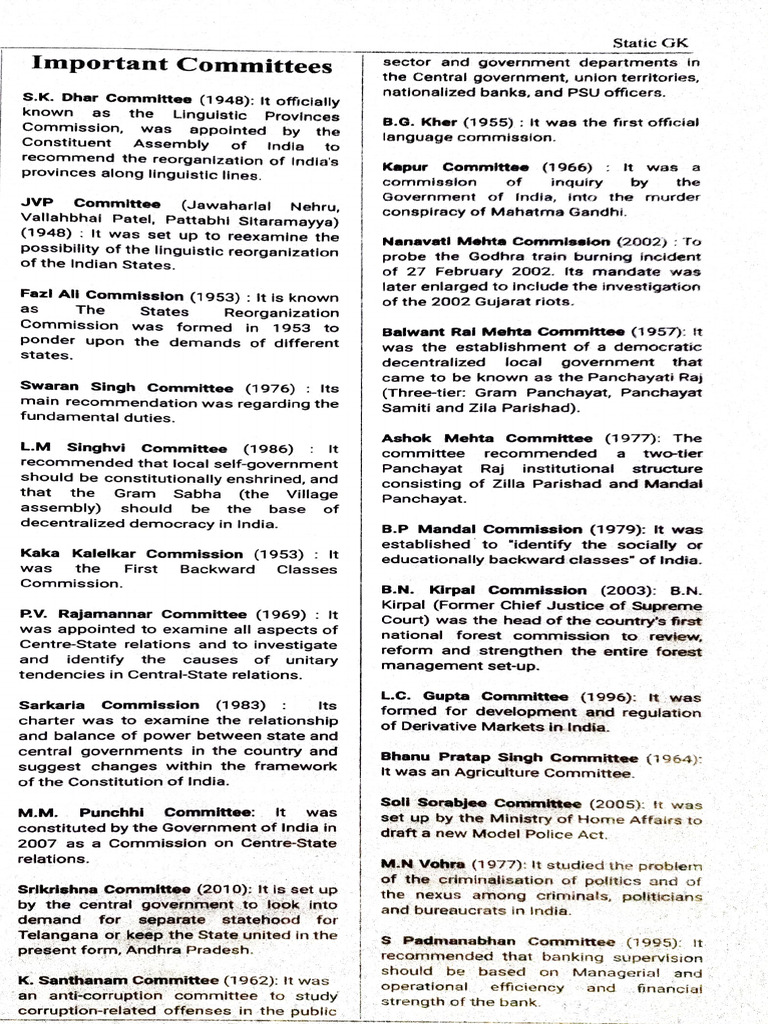 Important Committees | PDF | Government Of India | Politics Of India