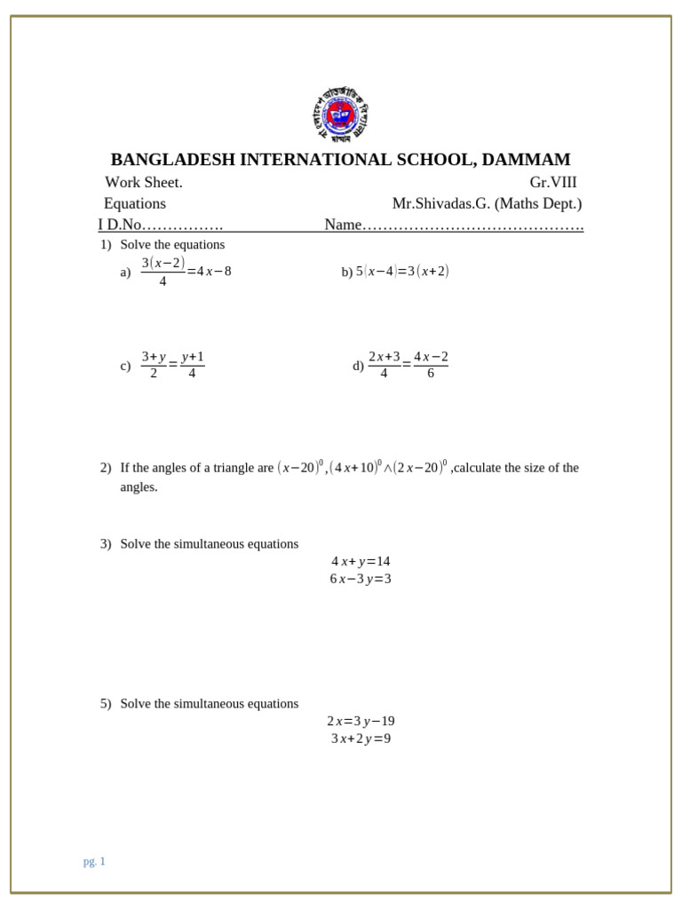 Grade 8 Math Equations Worksheet | PDF