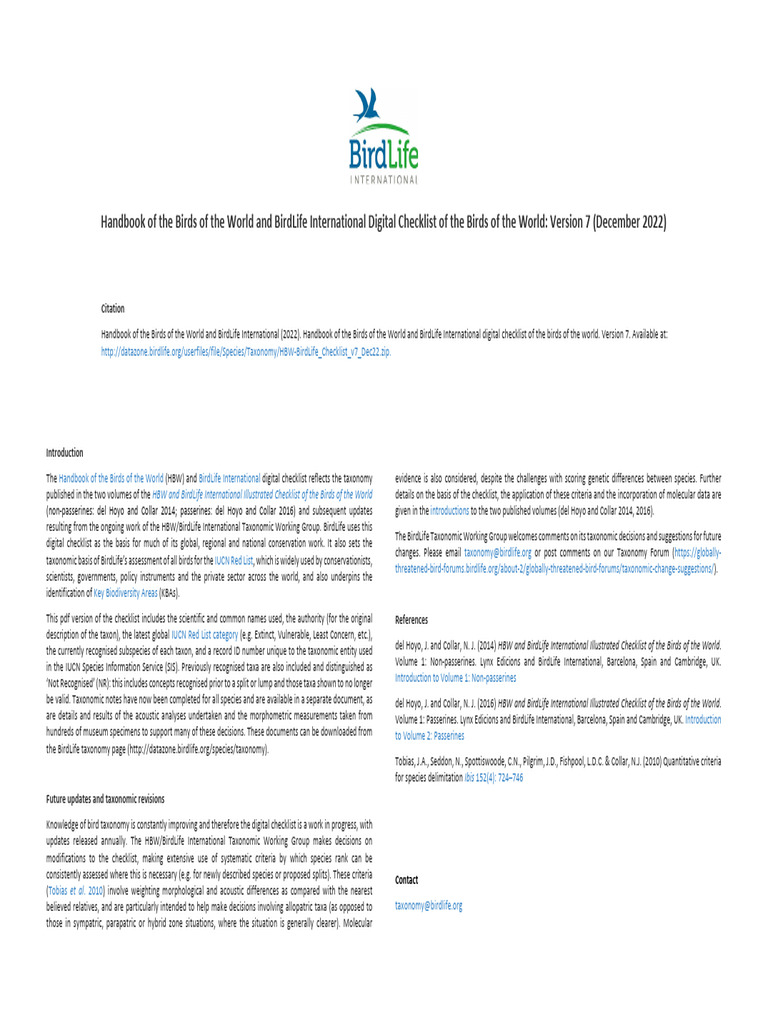 Handbook of the Birds of the World and BirdLife International Digital ...