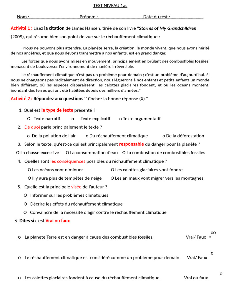 Test Niveau 1as | PDF | Sciences de la terre | La nature