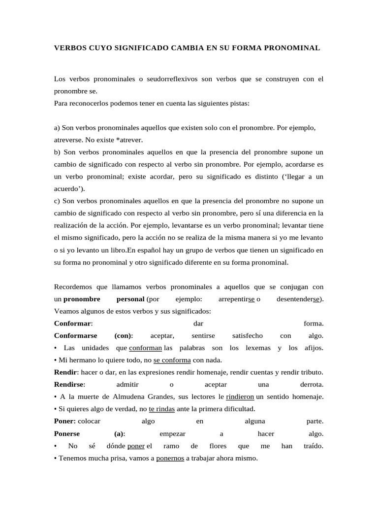 VERBOS CUYO SIGNIFICADO CAMBIA EN SU FORMA PRONOMINAL | PDF | Verbo ...