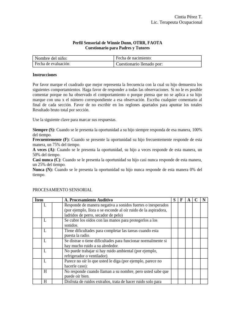 Perfil Sensorial de Winnie Dunn | PDF