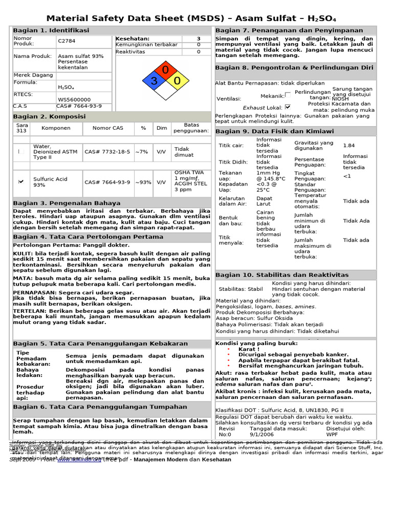 MSDS Asam Sulfat: Penanganan & Risiko | PDF