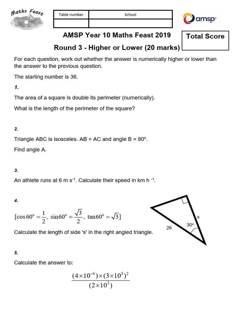 Year 10 Maths Feast Questions 2019 | PDF