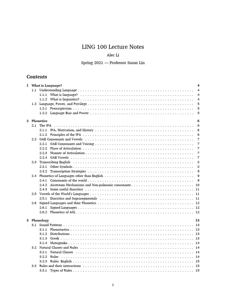 LING100 Lecture Notes | PDF | Consonant | Vowel