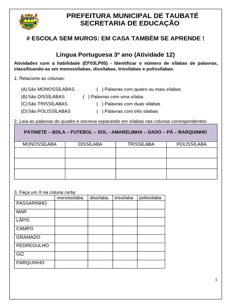 3ano-LINGUA-PORTUGUESA-Ativ12-Identificar-e-classificar-o-n¦mero-de-s¡labas | PDF