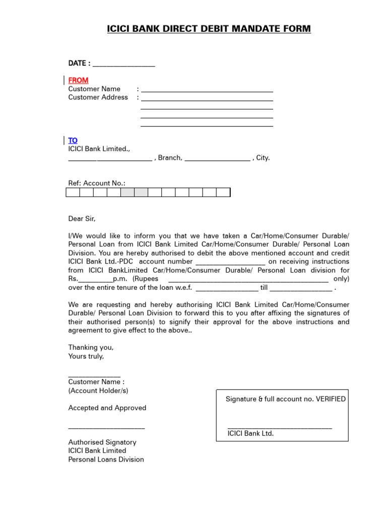 Auto Debit Mandate Form For EMI | PDF