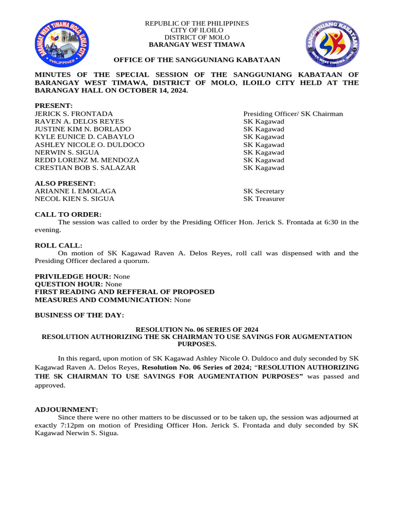 Minutes and Reso. Sample For Augmentation | PDF | Justice | Crime ...