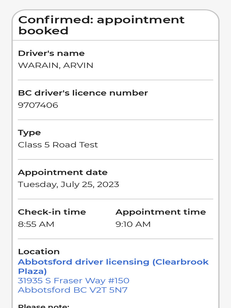 Class 5 Road Test Appointment Confirmation | PDF