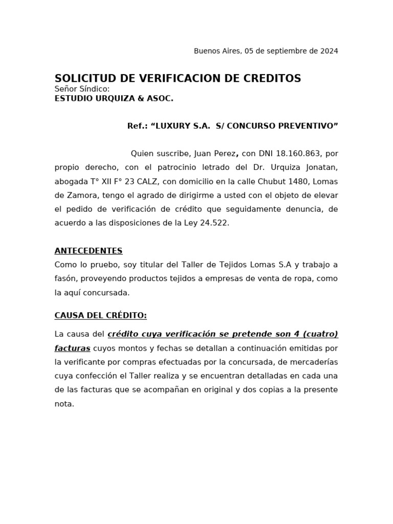 Modelo Solicitud de Verificacion de Creditos Facturas | PDF | Bancos | Interés