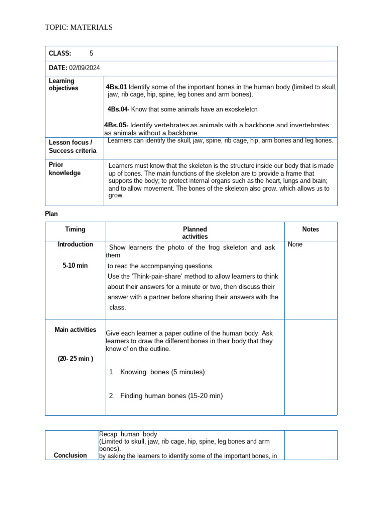 Grade 5 Skeletal System Lesson Plan | PDF | Skeleton | Learning