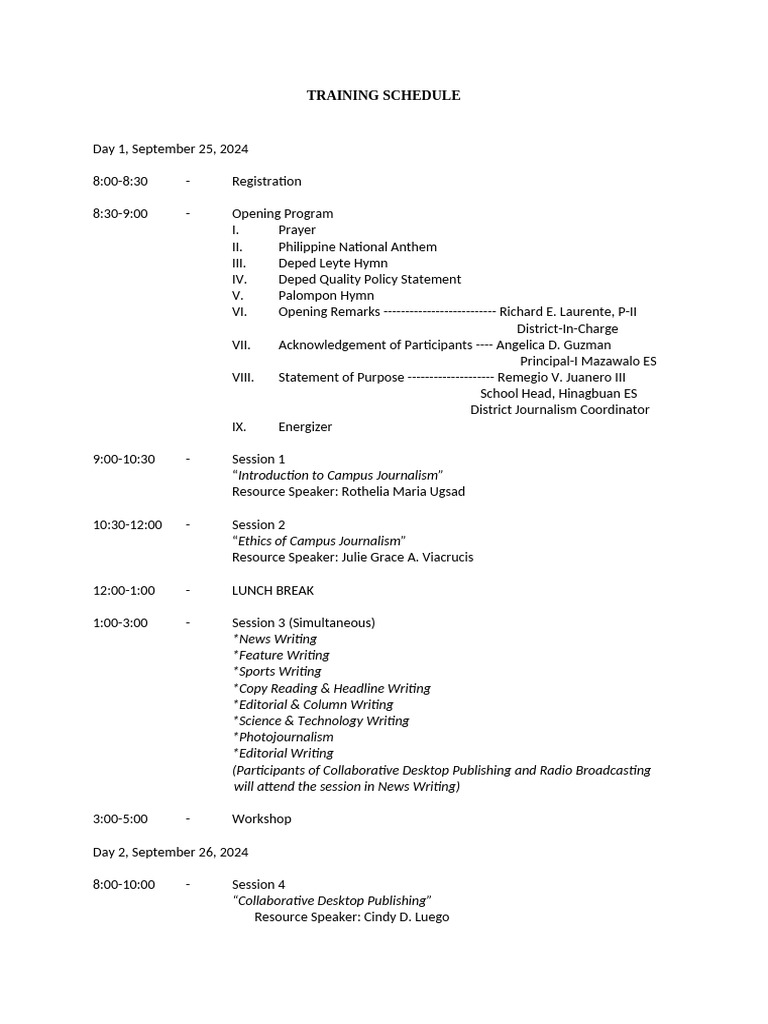 Campus Journalism Training Schedule | PDF | Mass Media