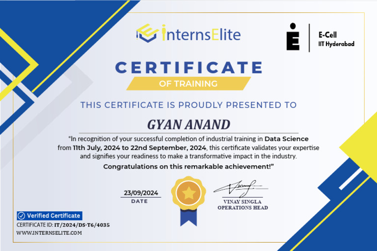 Certificate of Training-Gyan Anand - DS - InternsElite | PDF