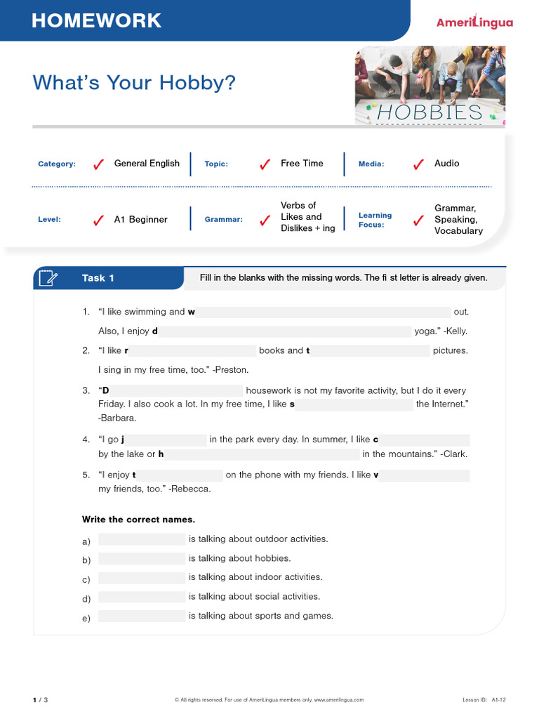 A1-12 Review WhatS Your Hobby | PDF | Linguistics