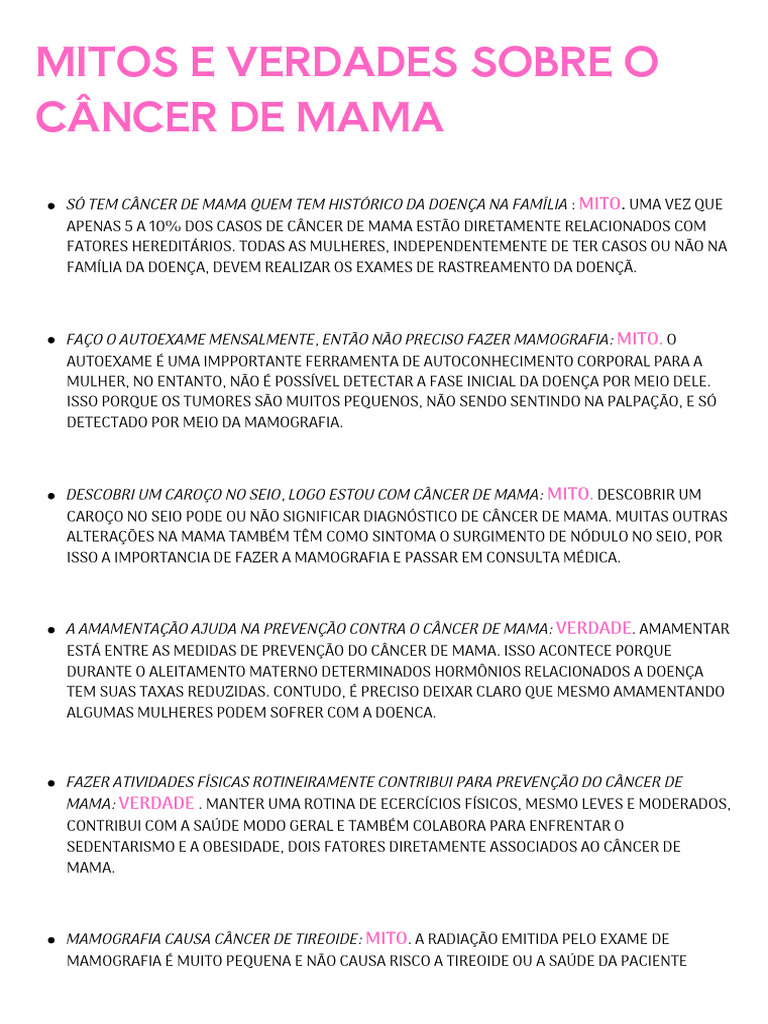 Mitos e Verdades | PDF | Câncer de mama | Câncer