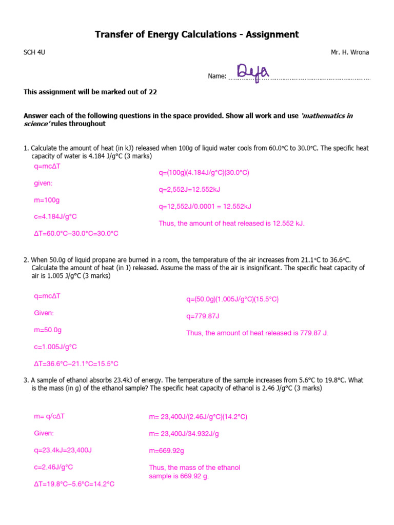Transfer of Energy Calculations | PDF | Heat | Heat Capacity