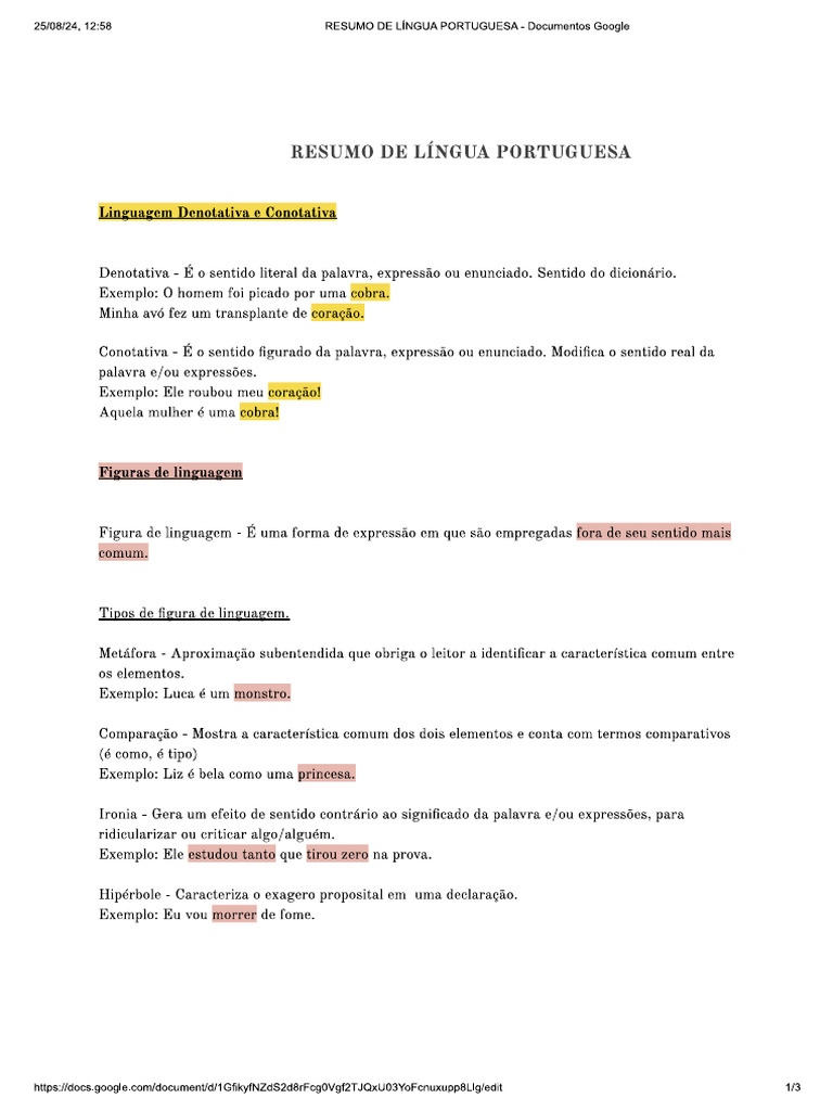 Resumo de Língua Portuguesa | PDF