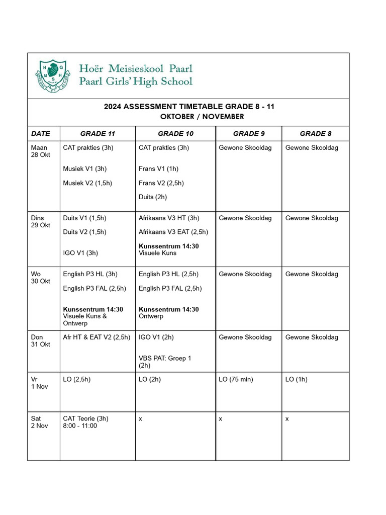 November 2024 Assessment Timetable GR 8 - 11 .. | PDF | Science