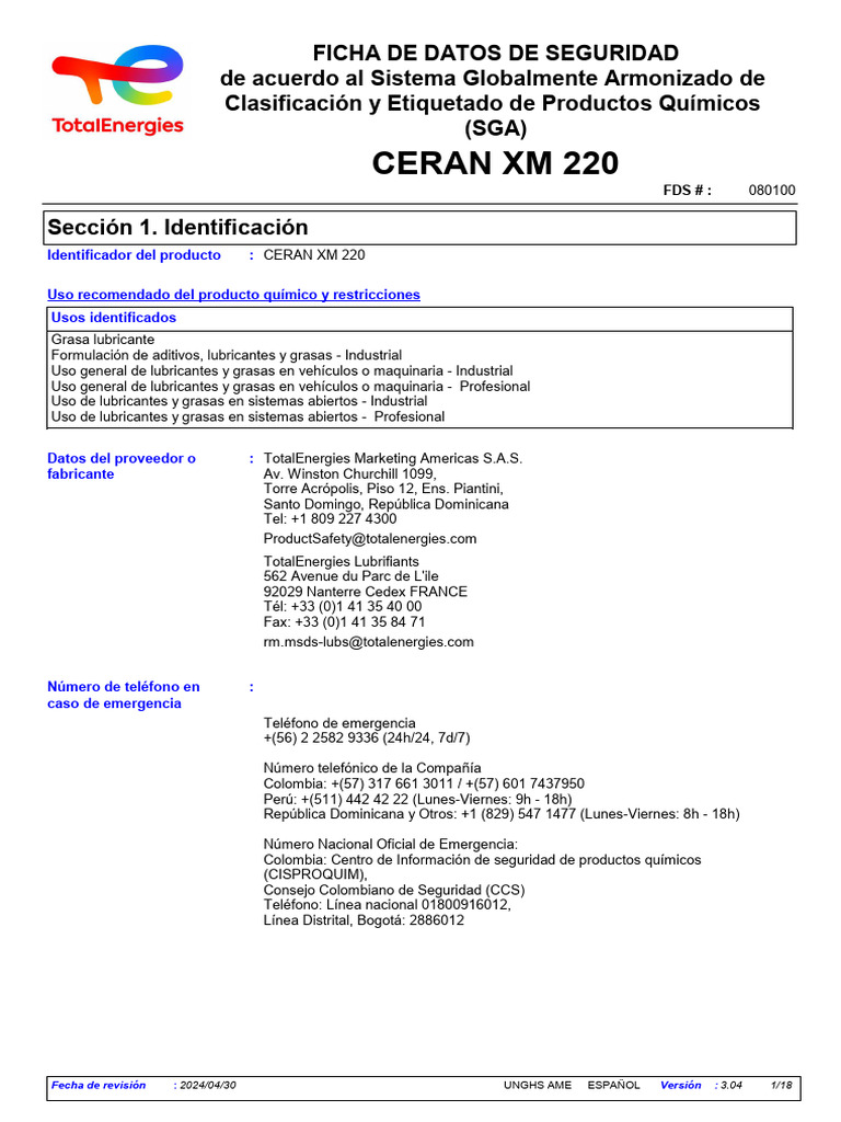 Ficha de Seguridad CERAN XM 220 | PDF | Combustión | Agua