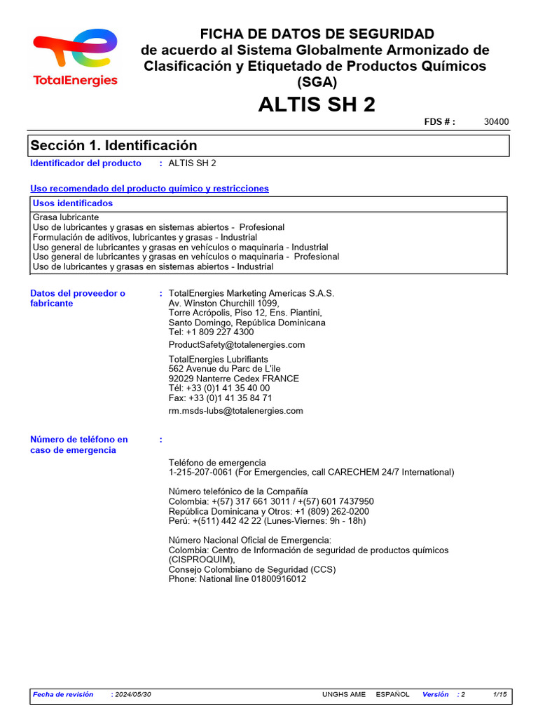 Ficha de Seguridad ALTIS SH 2 | PDF | Residuos | Química