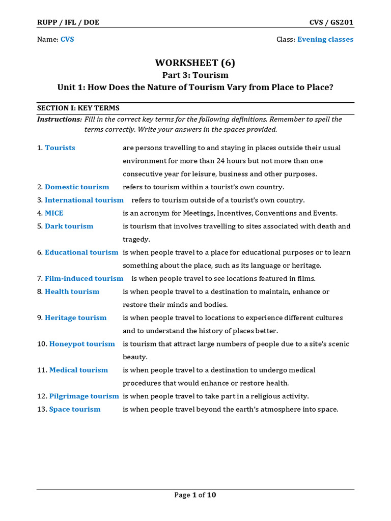 Grade 11 Tourism Worksheet | PDF | Tourism